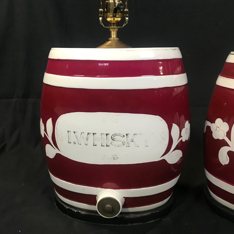 Pair of Festive British Ceramic Spirit Barrel Lamps at 1stDibs