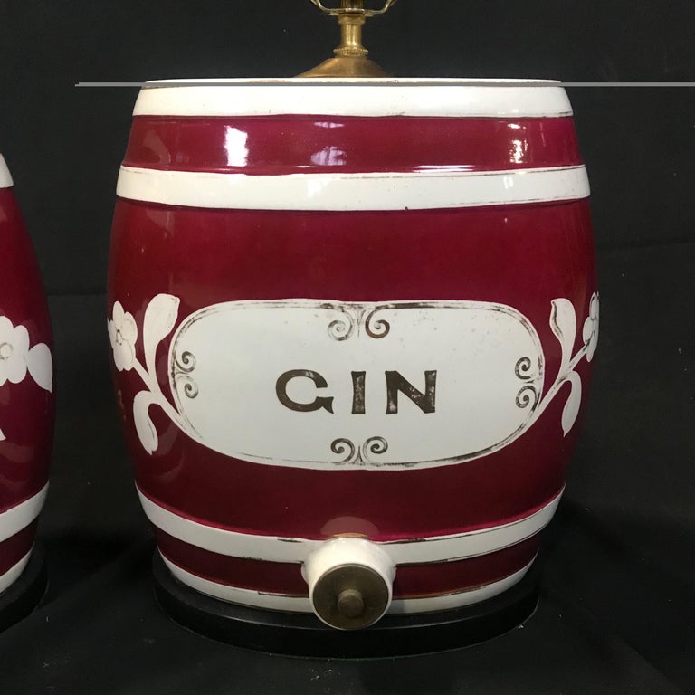 Pair of Festive British Ceramic Spirit Barrel Lamps at 1stDibs