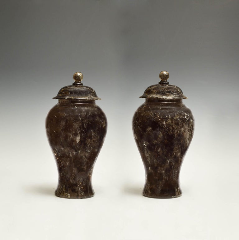 Pair of Fine Carved Smoky Rock Crystal Jars For Sale at 1stDibs