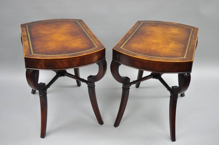 Pair of Flame Mahogany Leather Top English Regency Style Saber Leg End ...
