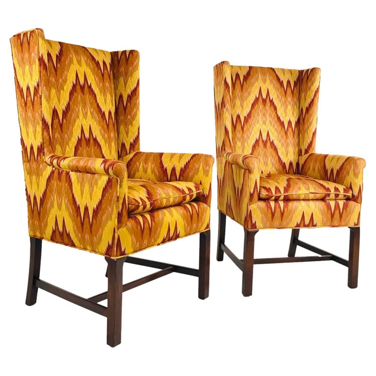 Pair of Flame Stitch High Back Square Wing Chairs For Sale at 1stDibs