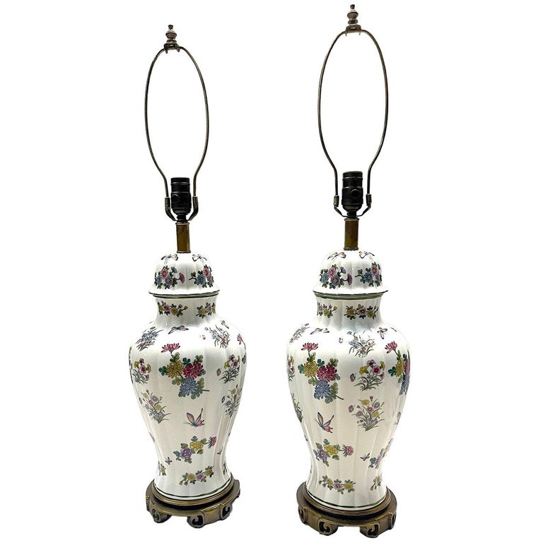 Pair of Floral Porcelain Table Lamps For Sale at 1stDibs