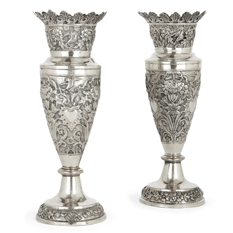 Pair of Floral Silver Vases Produced in Qajar Persia For Sale at 1stDibs
