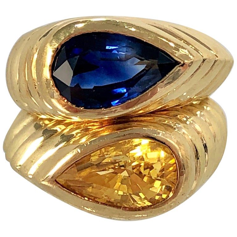 Pair of Fluted Gold Rings with Pear Shaped Blue and Yellow Sapphires by ...