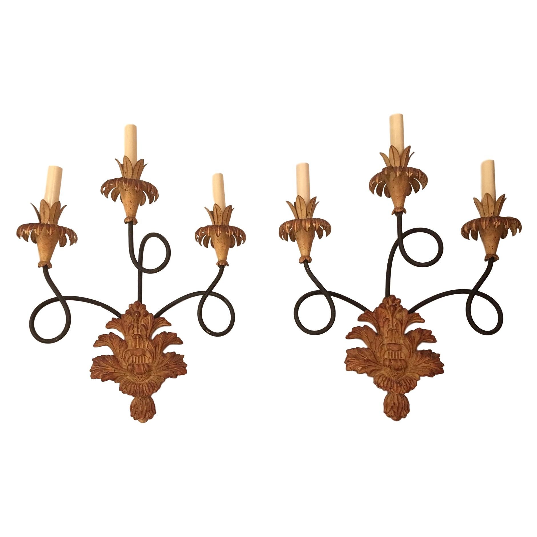Pair of Foliage Motif Gilt Metal Sconces at 1stDibs