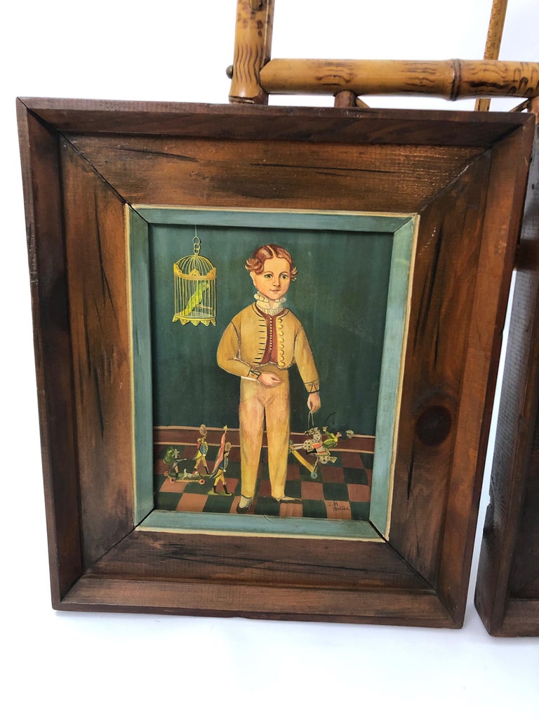 Pair of Folk Art Portraits by Jean Halter in Original Frames at 1stDibs