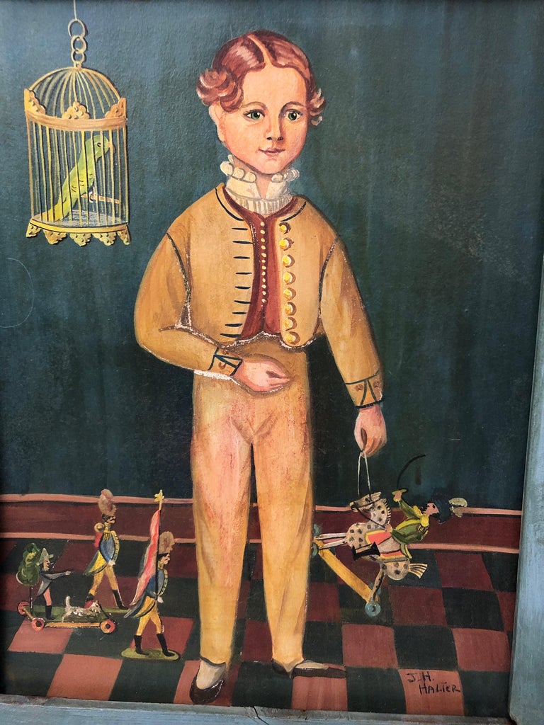 Pair of Folk Art Portraits by Jean Halter in Original Frames at 1stDibs