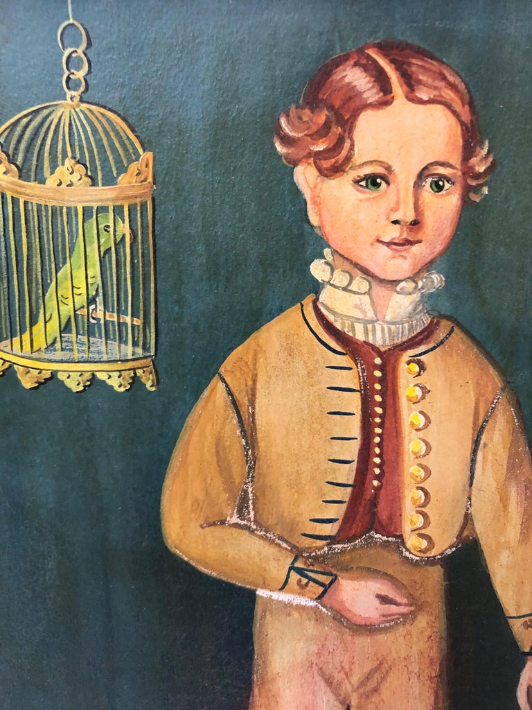 Pair of Folk Art Portraits by Jean Halter in Original Frames at 1stDibs