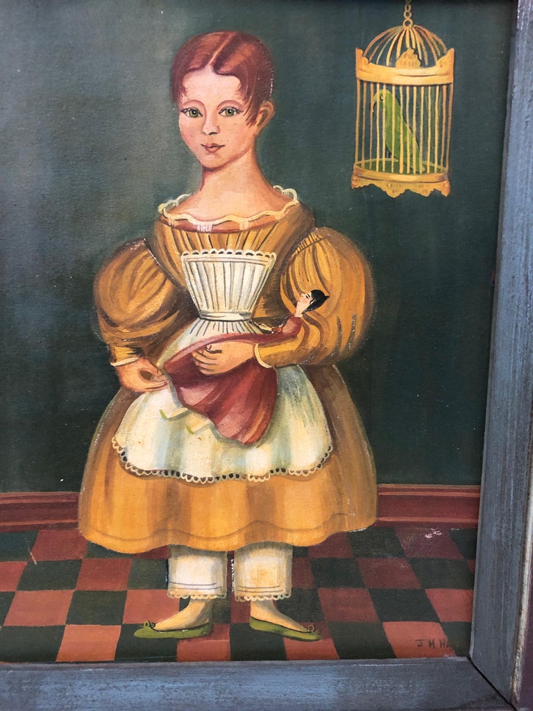 Pair of Folk Art Portraits by Jean Halter in Original Frames at 1stDibs