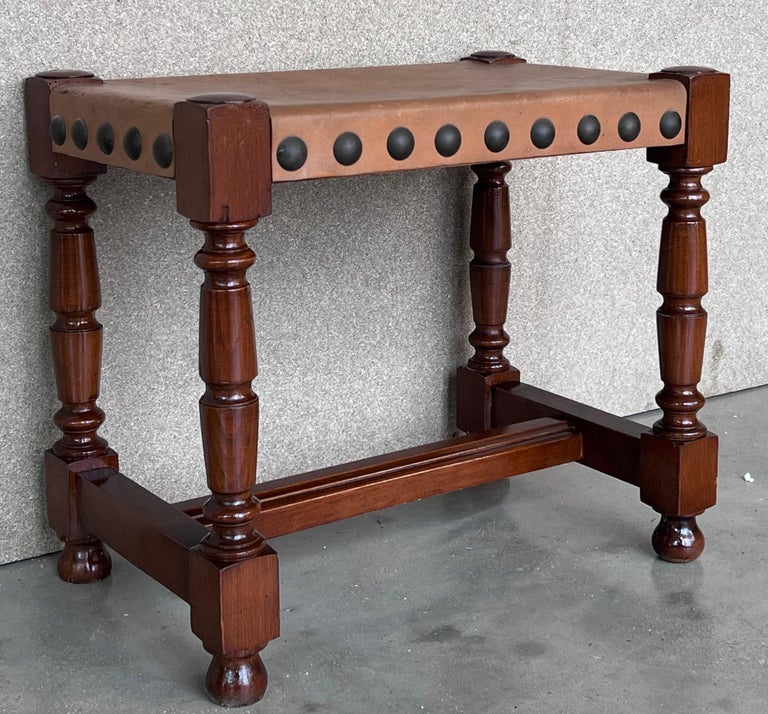 Pair of Foot Stools in Walnut and Leather Seat with Tacks For Sale at ...