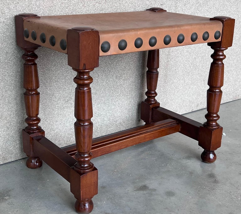 Pair of Foot Stools in Walnut and Leather Seat with Tacks For Sale at ...