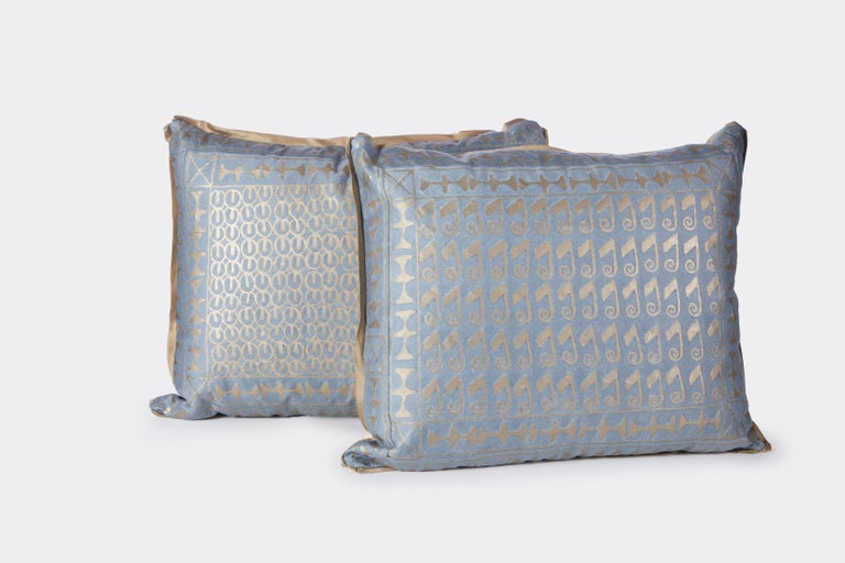 Pair of Fortuny Cushions in Blue and Silvery Gold Ashanti Pattern Final ...
