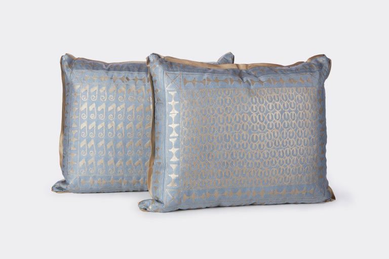 Pair of Fortuny Cushions in Blue and Silvery Gold Ashanti Pattern Final ...