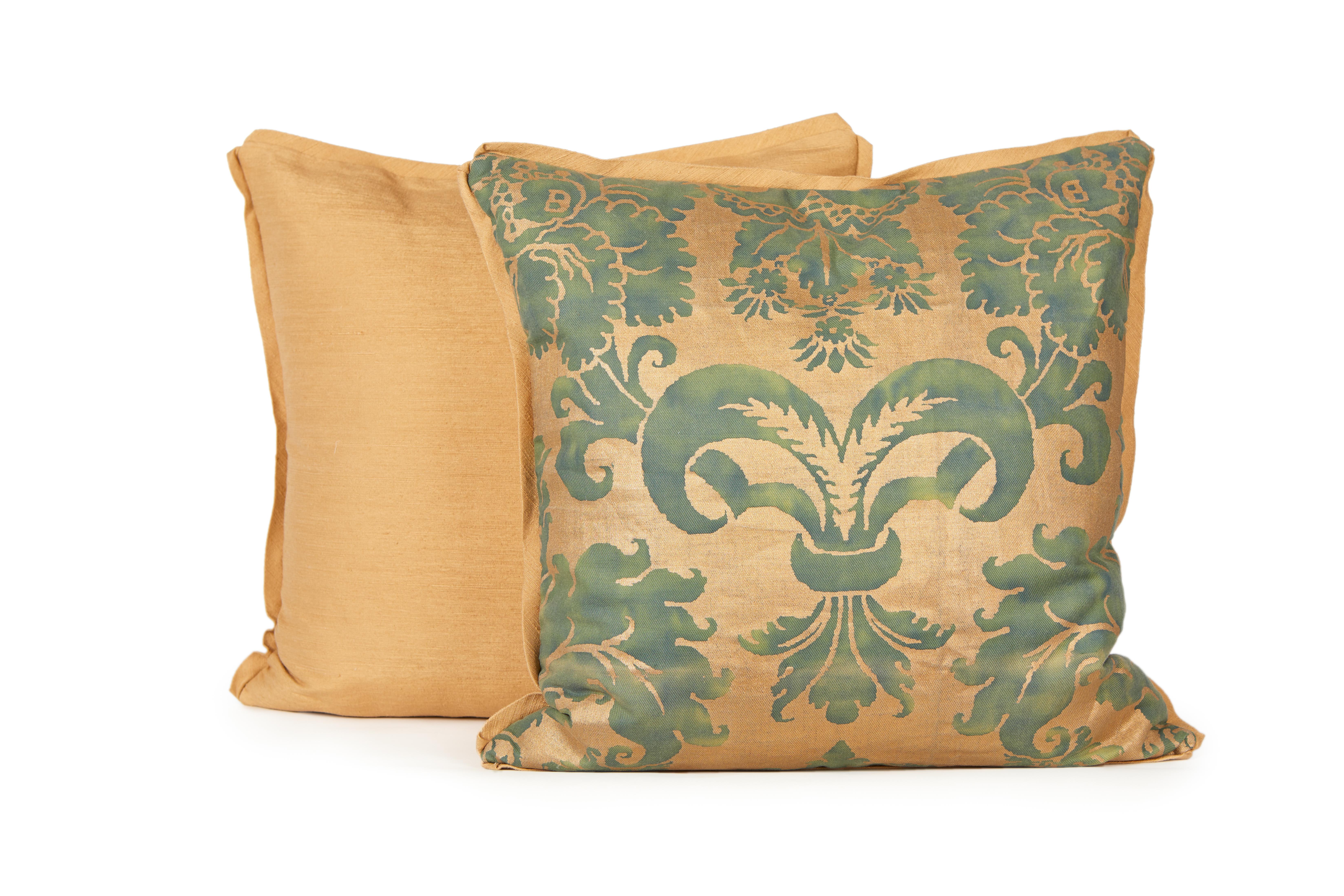 Pair of Fortuny Fabric Cushions in the Glicine Pattern in Gold and Blue ...