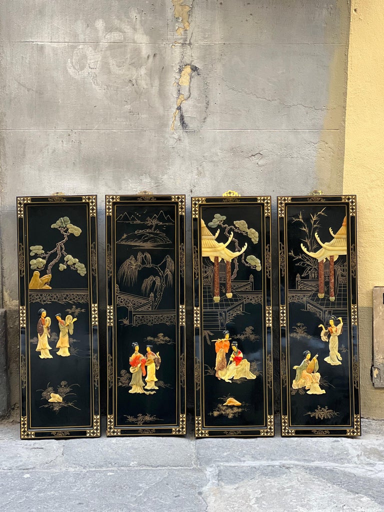Pair of Four Antique Chinoserie Lacquered Wood Wall Panels with Jade ...
