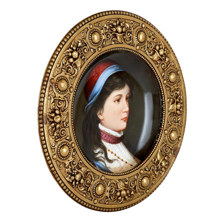 Pair of framed antique circular porcelain portrait plaques For Sale at ...