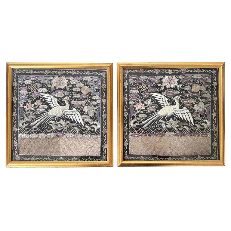 Pair of Framed Chinese Embroidered Ninth Rank Badges Qing Dynasty For ...