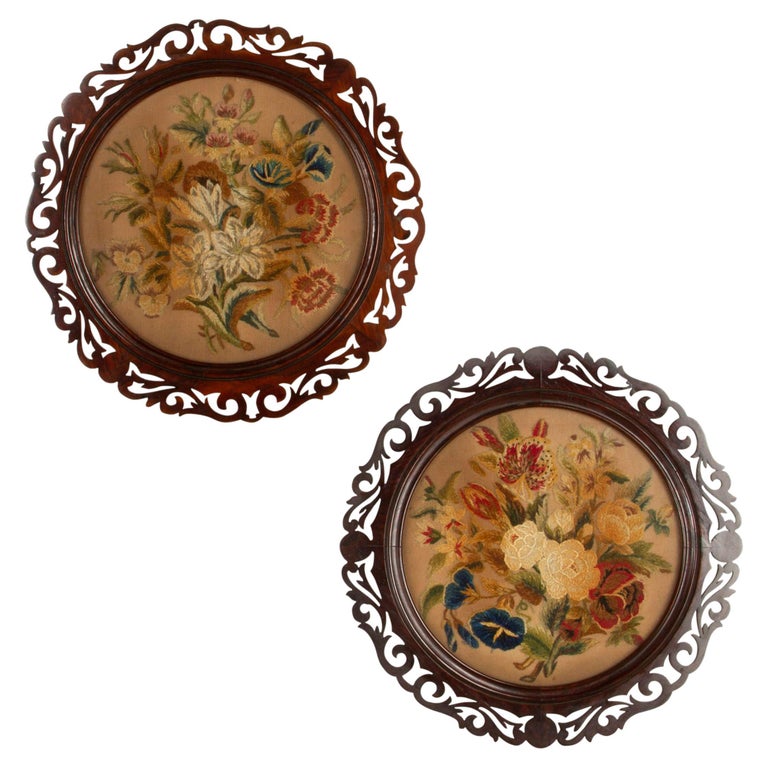 Pair of Framed Circular Floral Needlework Pictures For Sale at 1stDibs
