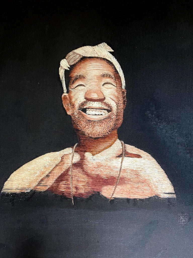 Pair of Framed Japanese Embroidery Art Portraits For Sale at 1stDibs