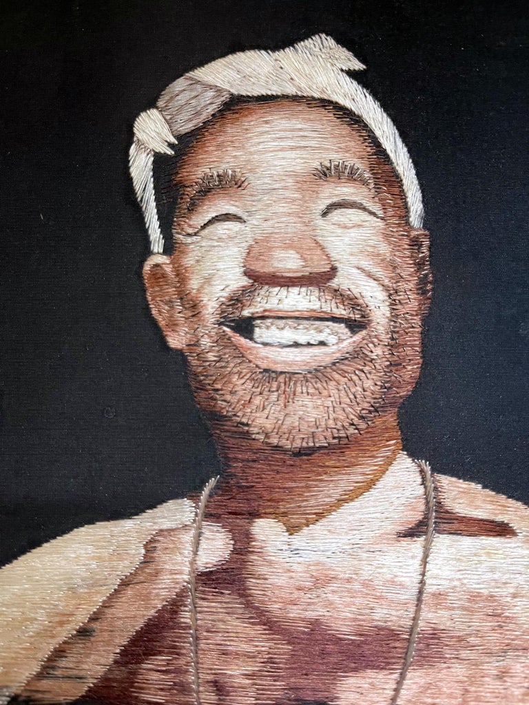 Pair of Framed Japanese Embroidery Art Portraits For Sale at 1stDibs