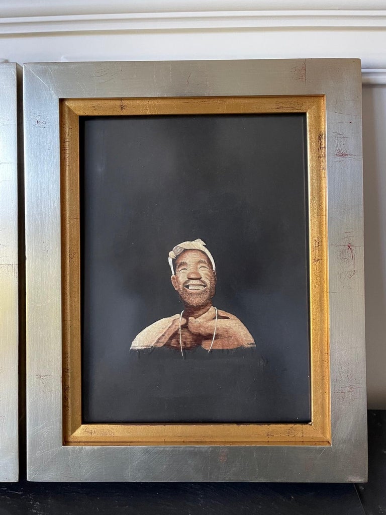 Pair of Framed Japanese Embroidery Art Portraits For Sale at 1stDibs