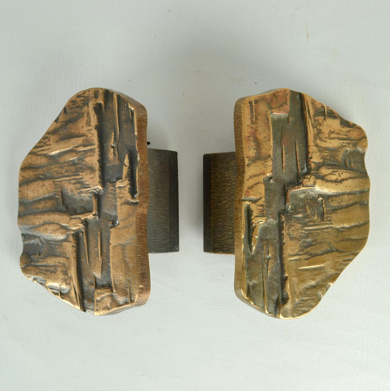 Large Architectural Pair of Bronze Push Pull Door Handles with Abstract Relief For Sale at 1stDibs