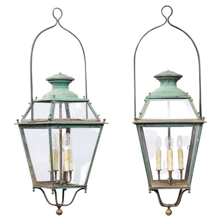 Pair of French 1890s Copper and Glass Four-Light Lanterns with ...