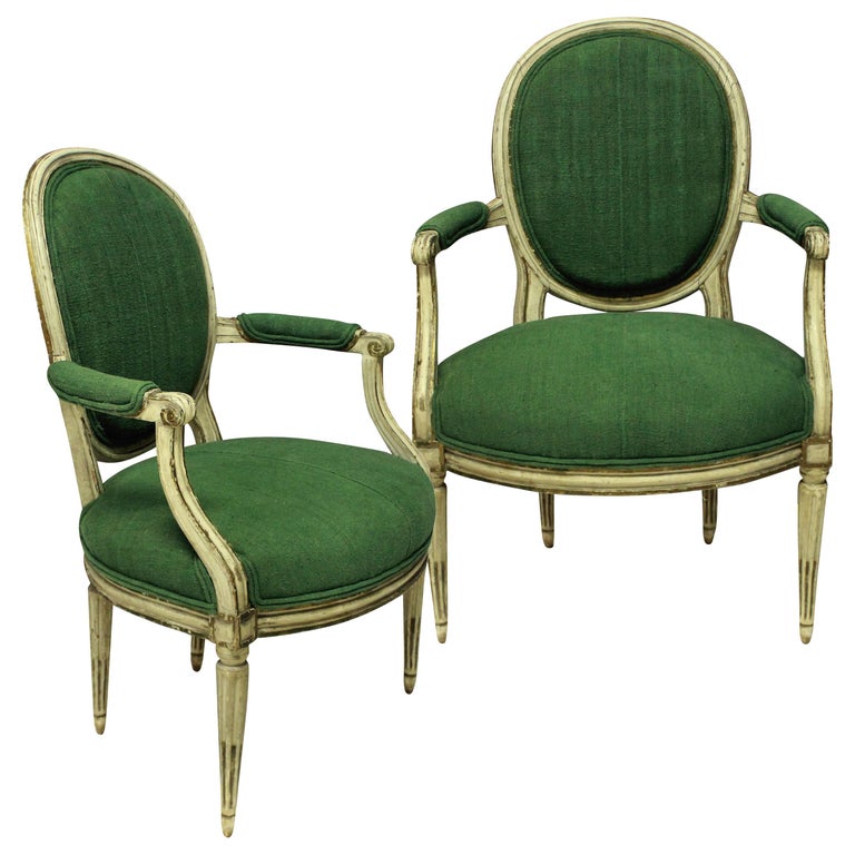 Pair of French 18th Century Armchairs in 19th Century Hand Died Linen ...