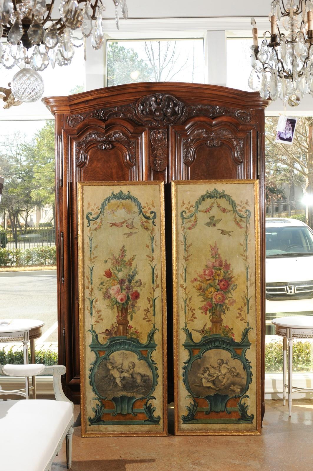Pair of French 18th Century Louis XV Painted Panels with Floral and ...