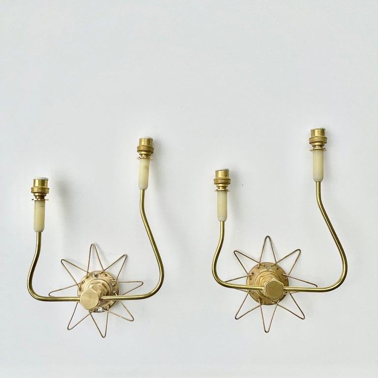 Pair of French 1950's Brass Wire Star Sconces For Sale at 1stDibs