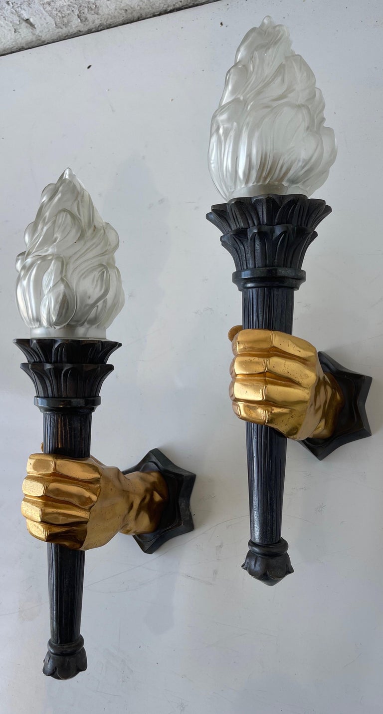 Pair of French 1960s 2 Patina Bronze Hand Sconces, 3 Pairs Available ...