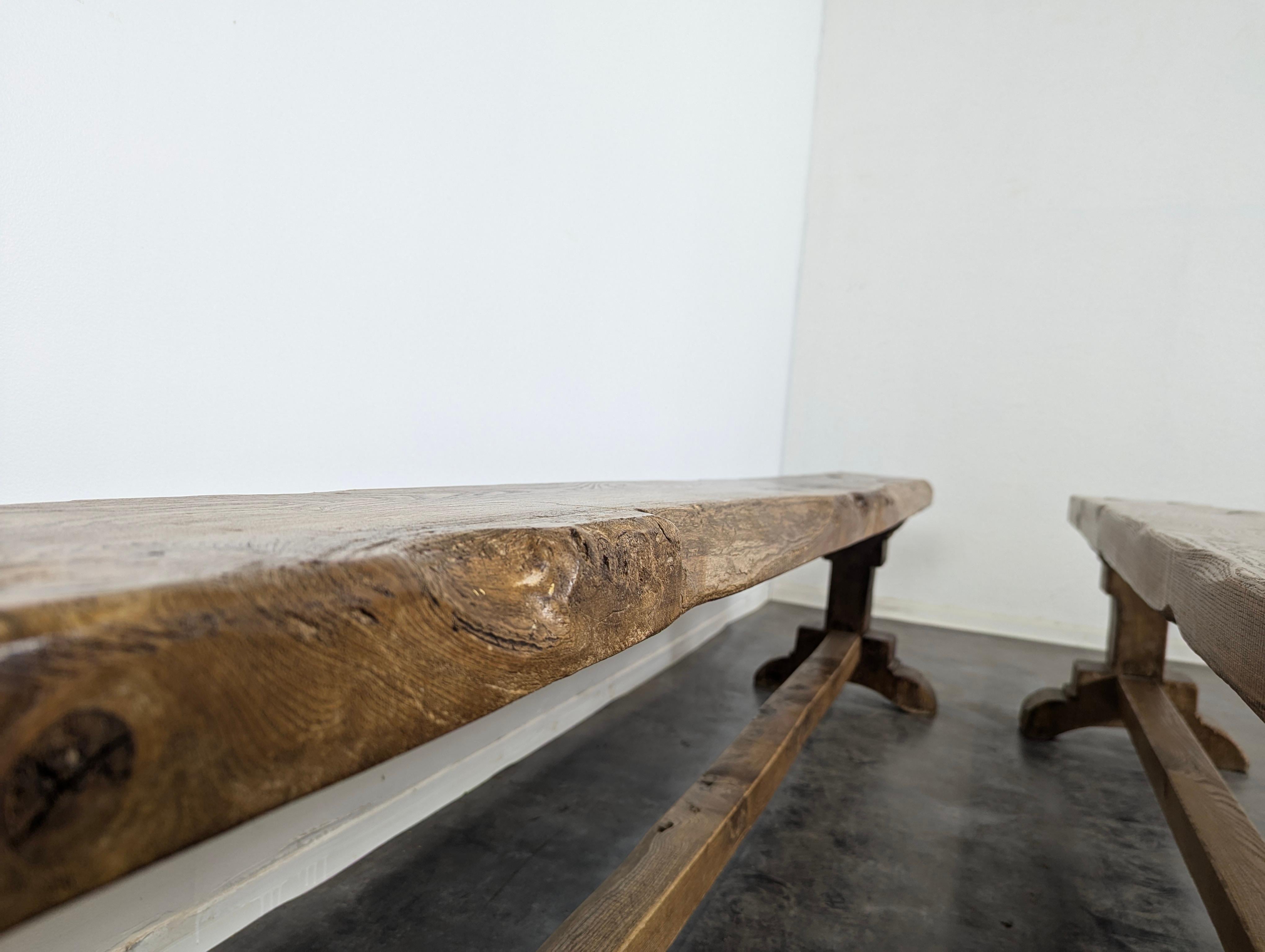 Pair of French 19th Century Elm Primitive Benches For Sale at 1stDibs