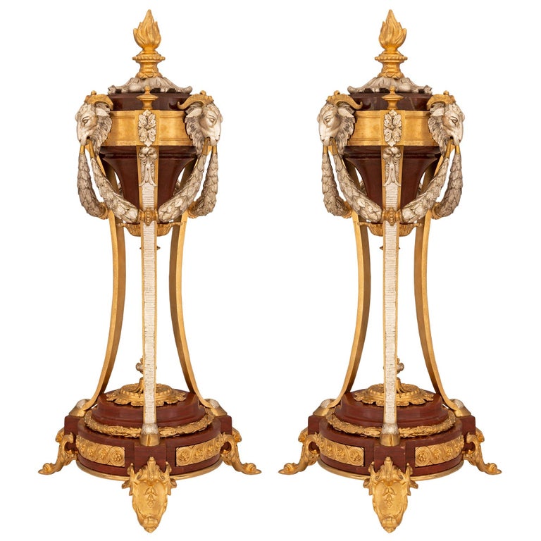 Pair of French 19th Century Louis XVI St. Silvered Bronze and Marble ...