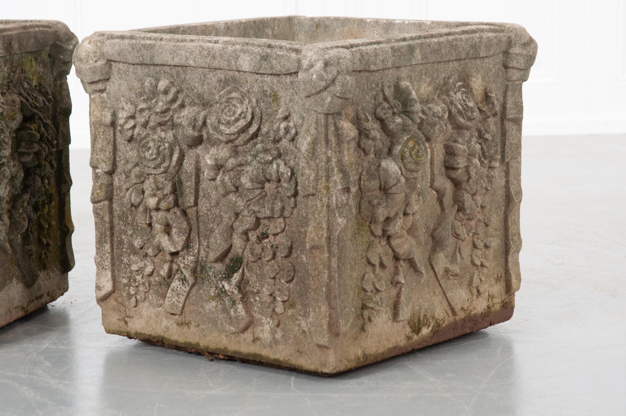 Pair of French 19th Century Square Cast Stone Pots at 1stDibs