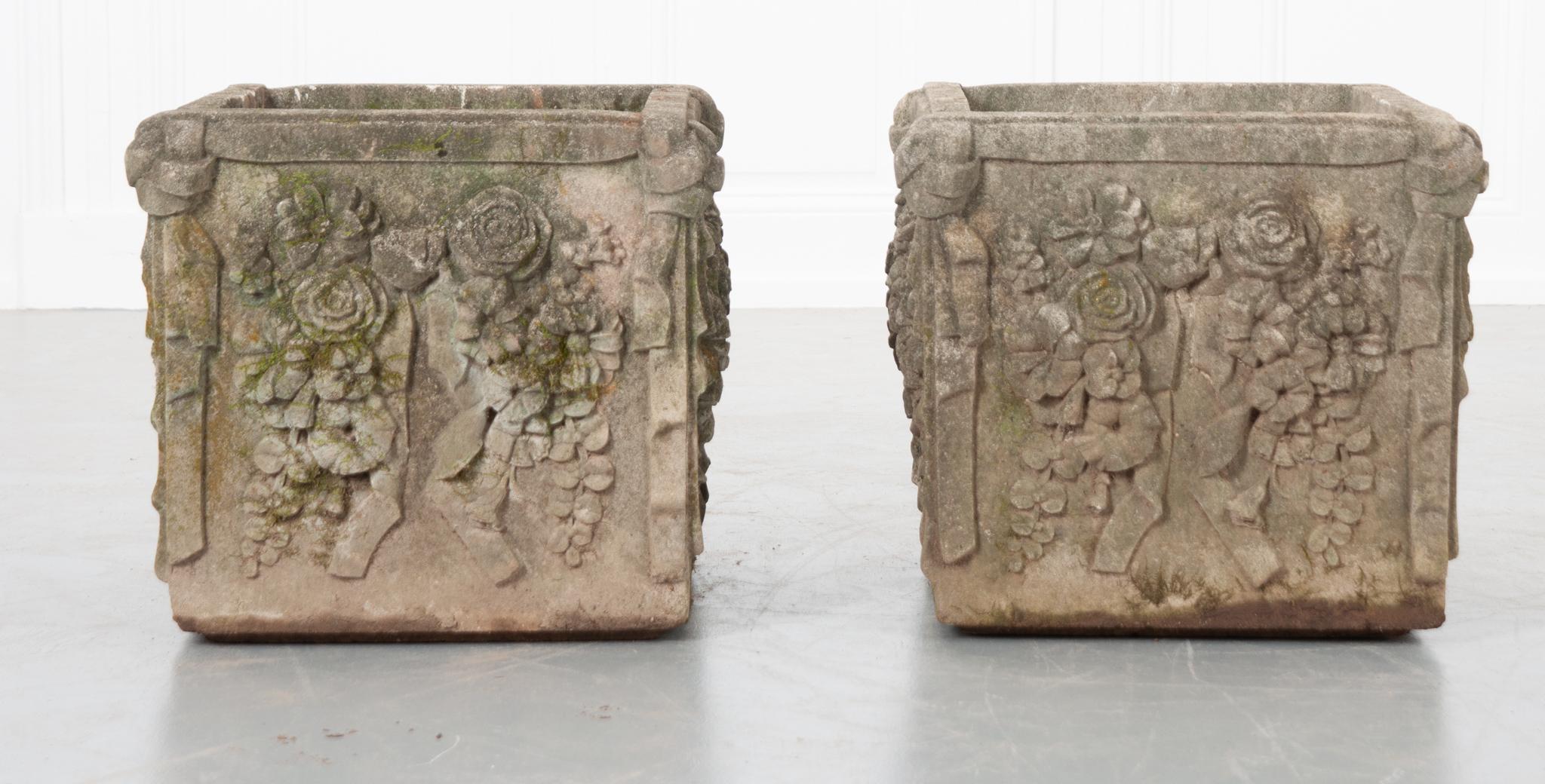 Pair of French 19th Century Square Cast Stone Pots at 1stDibs