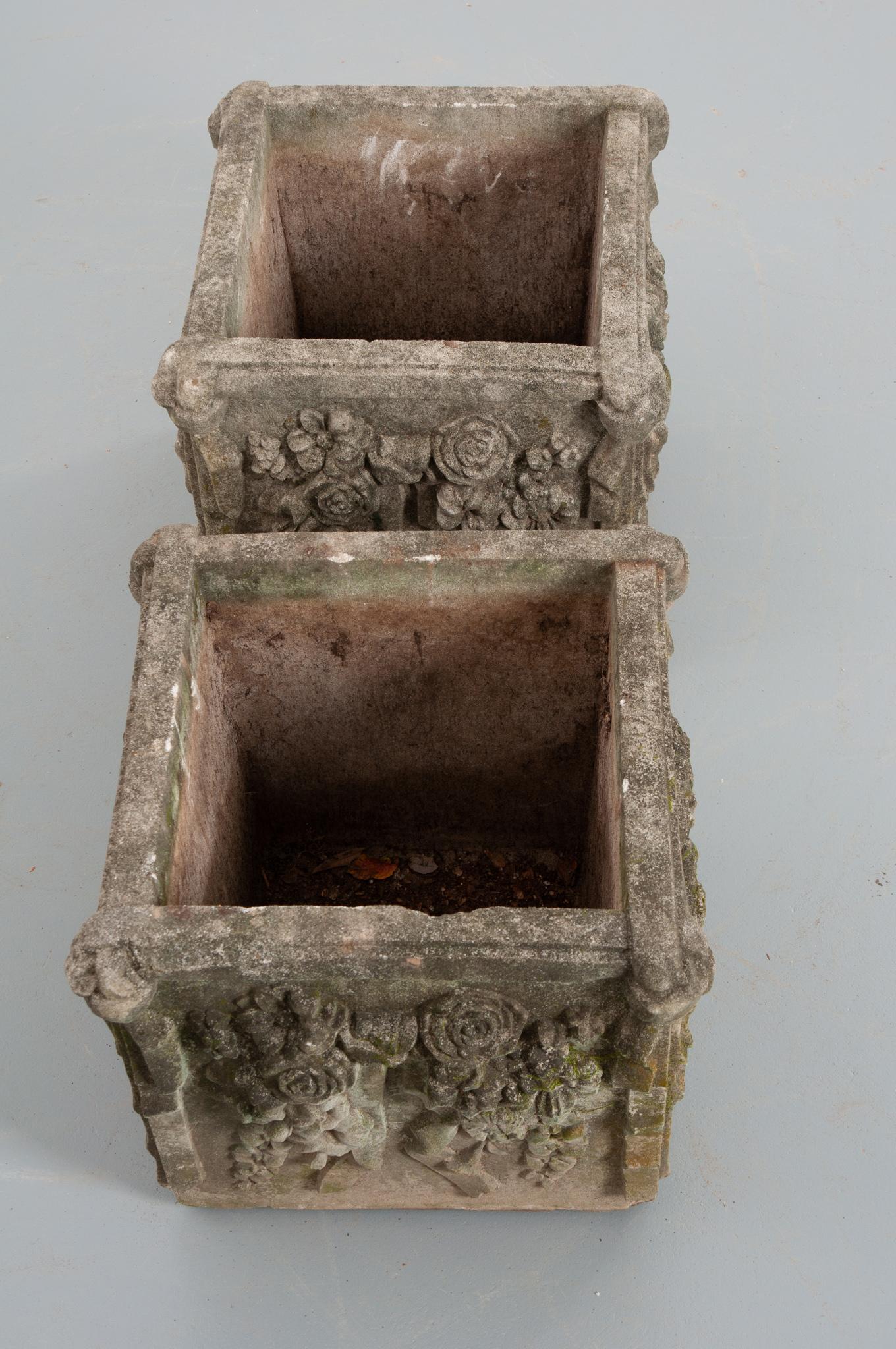 Pair of French 19th Century Square Cast Stone Pots at 1stDibs