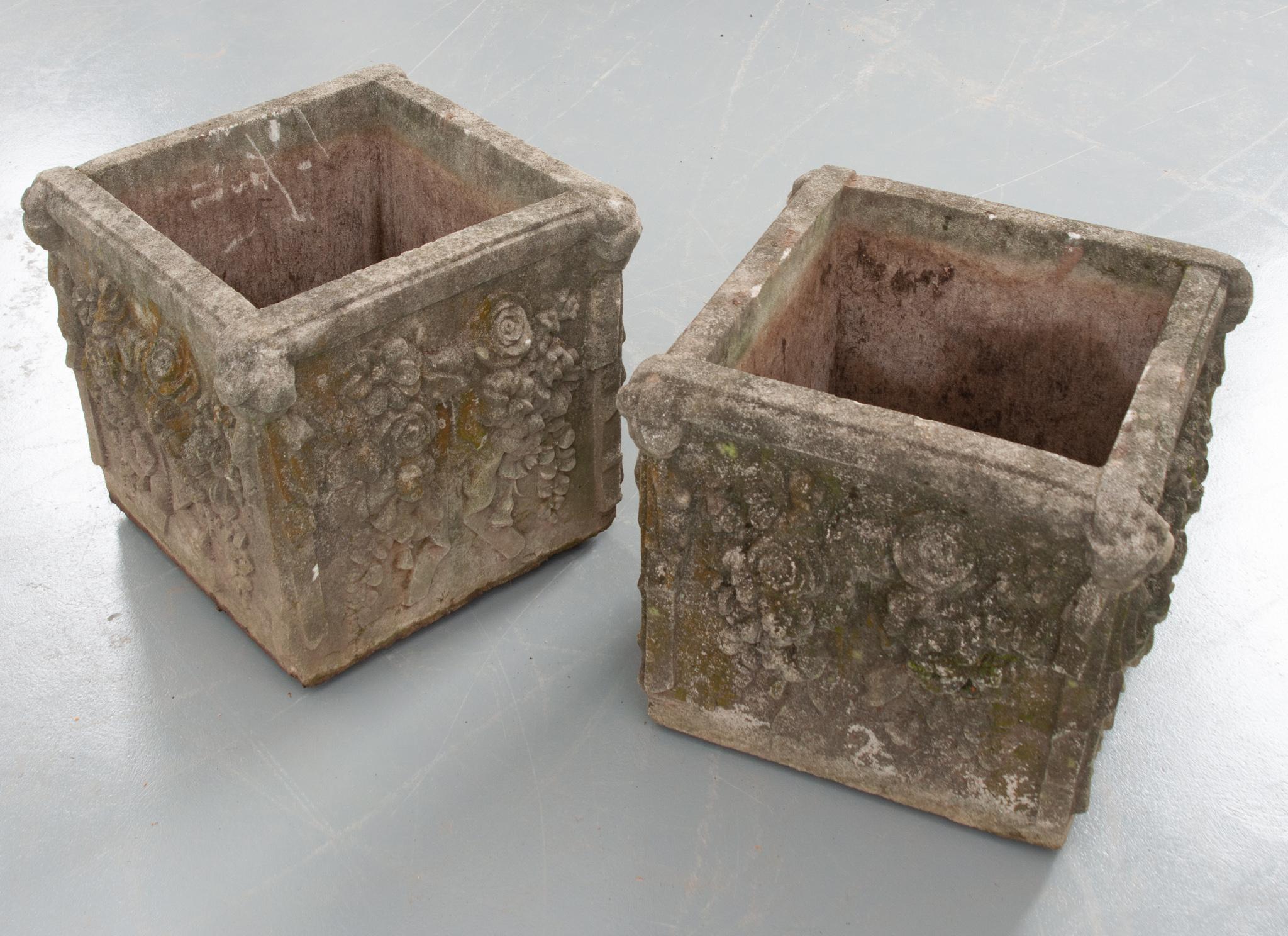 Pair of French 19th Century Square Cast Stone Pots at 1stDibs