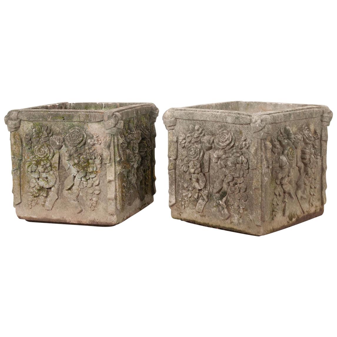 Pair of French 19th Century Square Cast Stone Pots at 1stDibs
