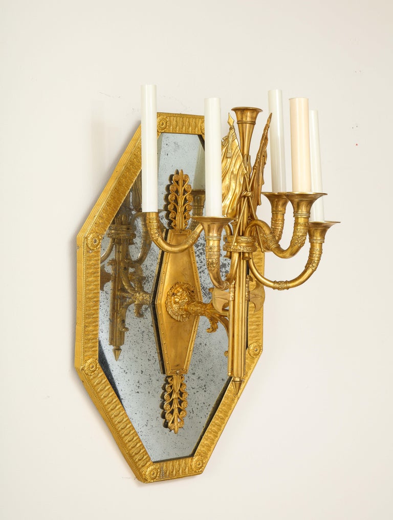 Pair of French 1st Empire Dore Bronze Mtd. 5-Arm Mirrored Sconces, Att ...