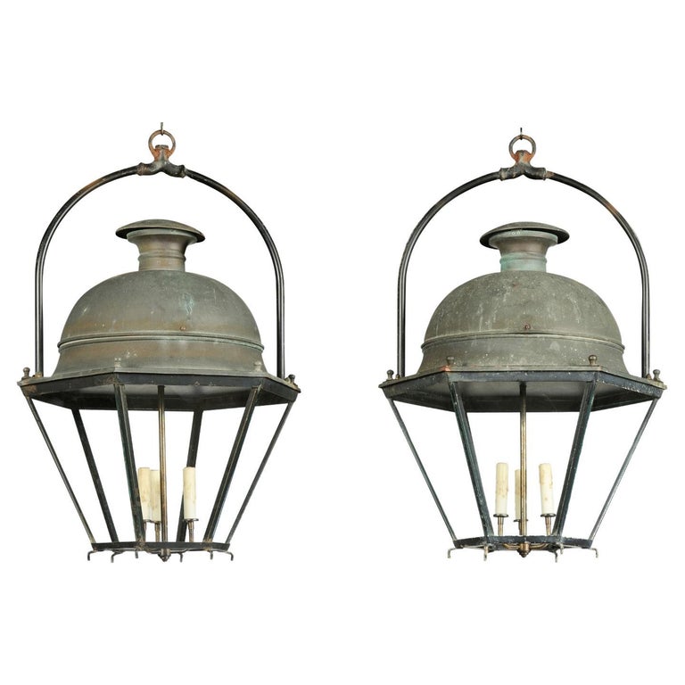 Pair of French 20th Century Copper Hexagonal Lanterns with Domed Tops ...