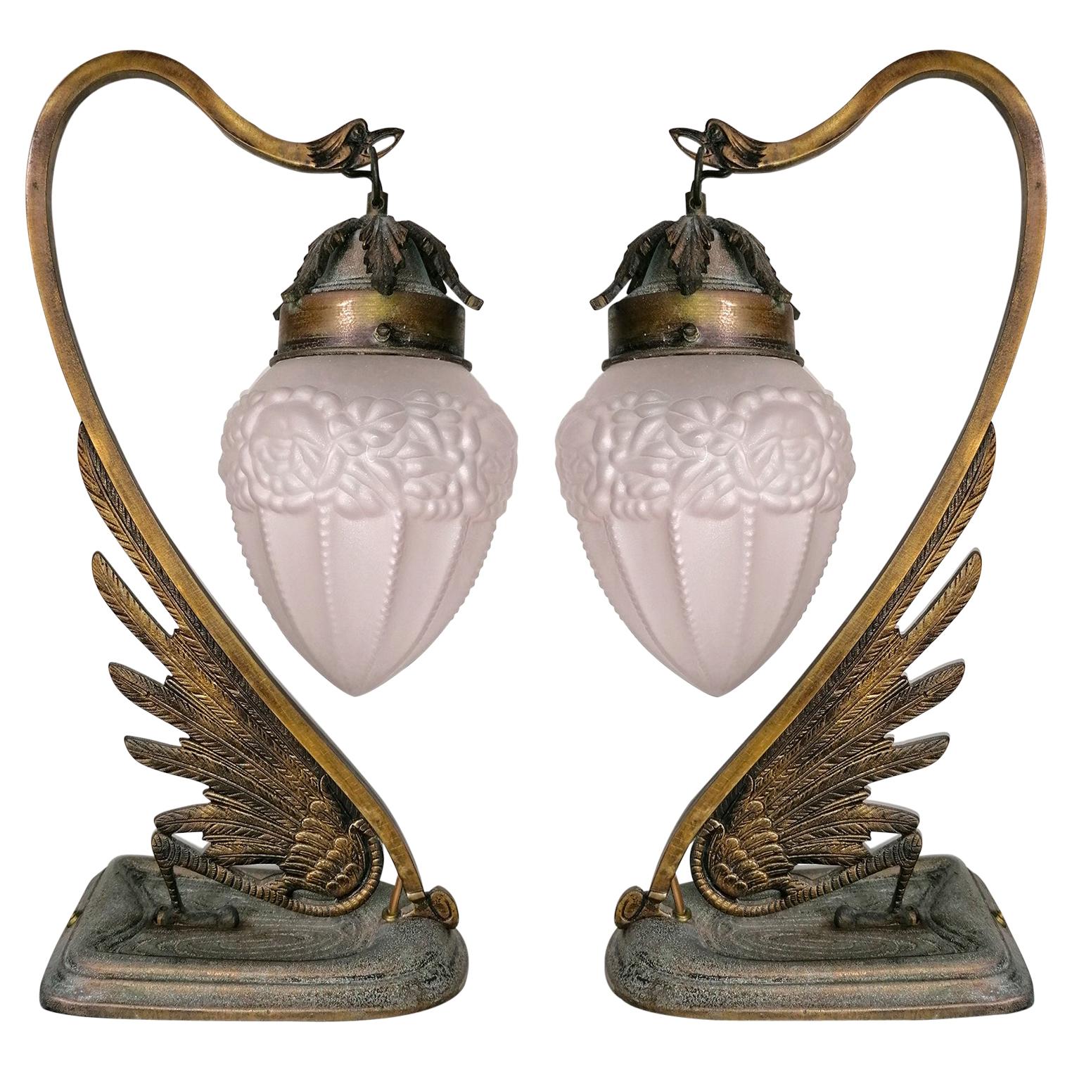 Rare Pair of Art Deco Czech Glass Lamps on Bronze Tree Trunk Bases at ...