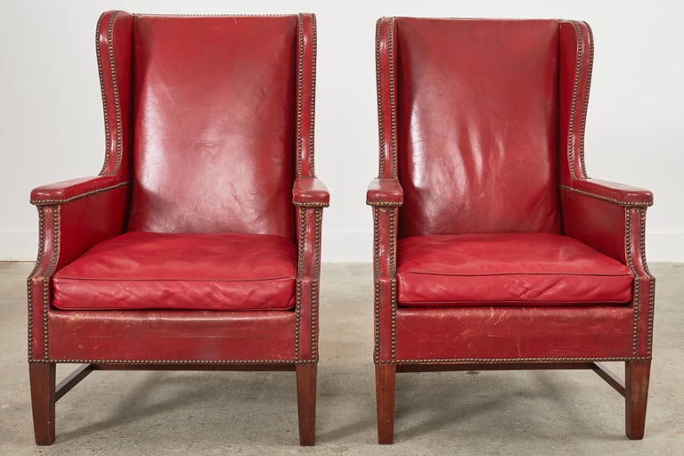 Pair of French Art Deco Cherry Red Leather Wingback Chairs For Sale at ...