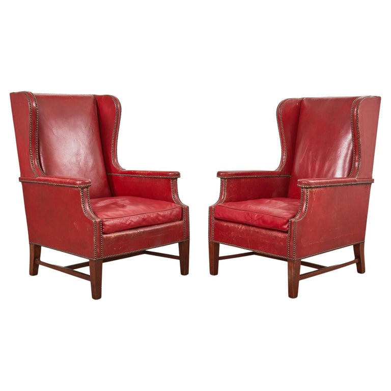 Pair of French Art Deco Cherry Red Leather Wingback Chairs For Sale at ...