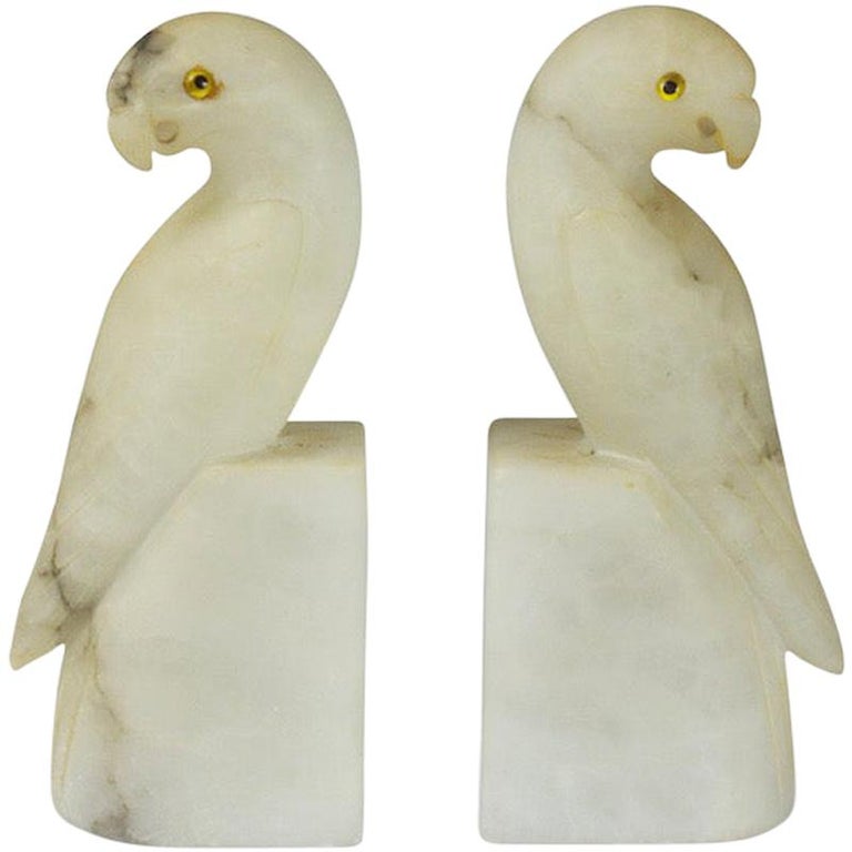 Pair of French Art Deco White Alabaster Parakeets For Sale at 1stDibs