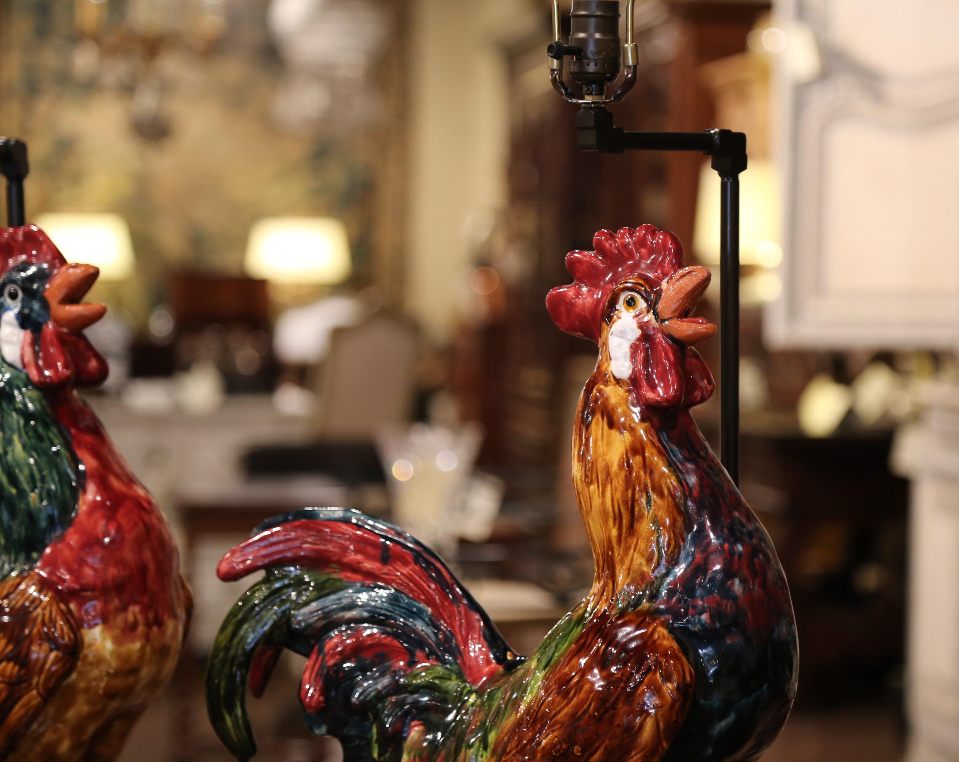 Pair of French Barbotine Ceramic Roosters Converted into Table Lamps at ...