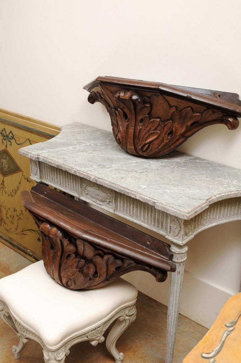 Pair of French Baroque 17th Century Wooden Wall Brackets with Carved ...