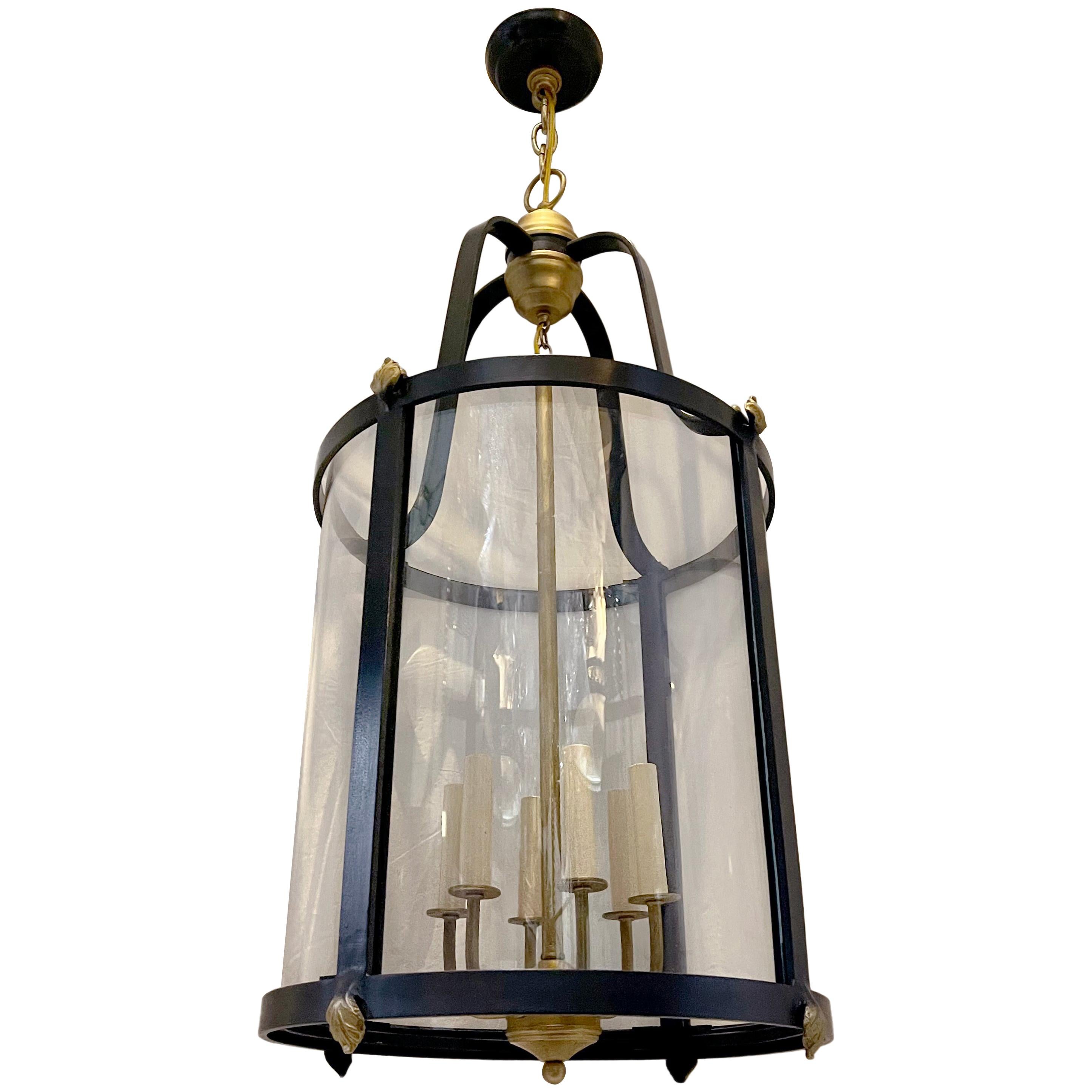 Pair of Corner Lanterns, 3 Golden Iron Lights from 1950, Curved Glass ...