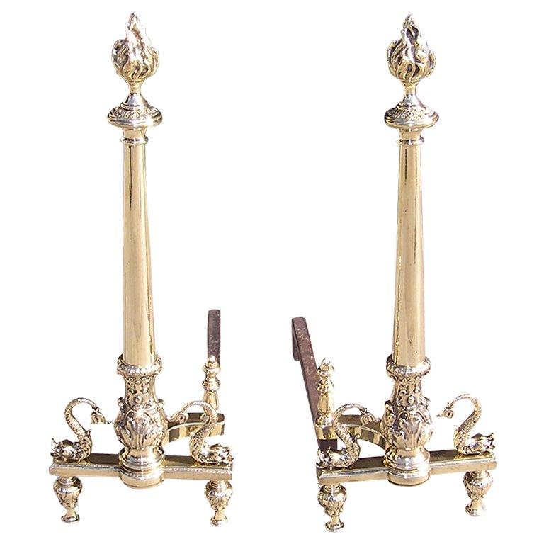 Pair of French Brass Dolphin Andirons For Sale at 1stDibs