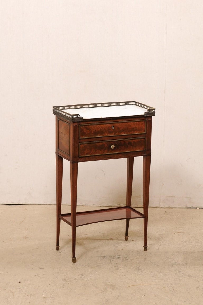 Pair of French Brass Gallery and Marble Top Mahogany Side Chests, Early ...