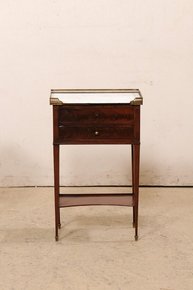 Pair of French Brass Gallery and Marble Top Mahogany Side Chests, Early ...